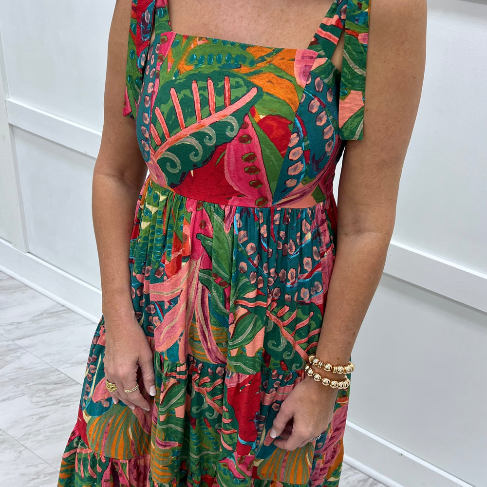 Calypso Print Tie Shoulder Dress – shop chartreuse